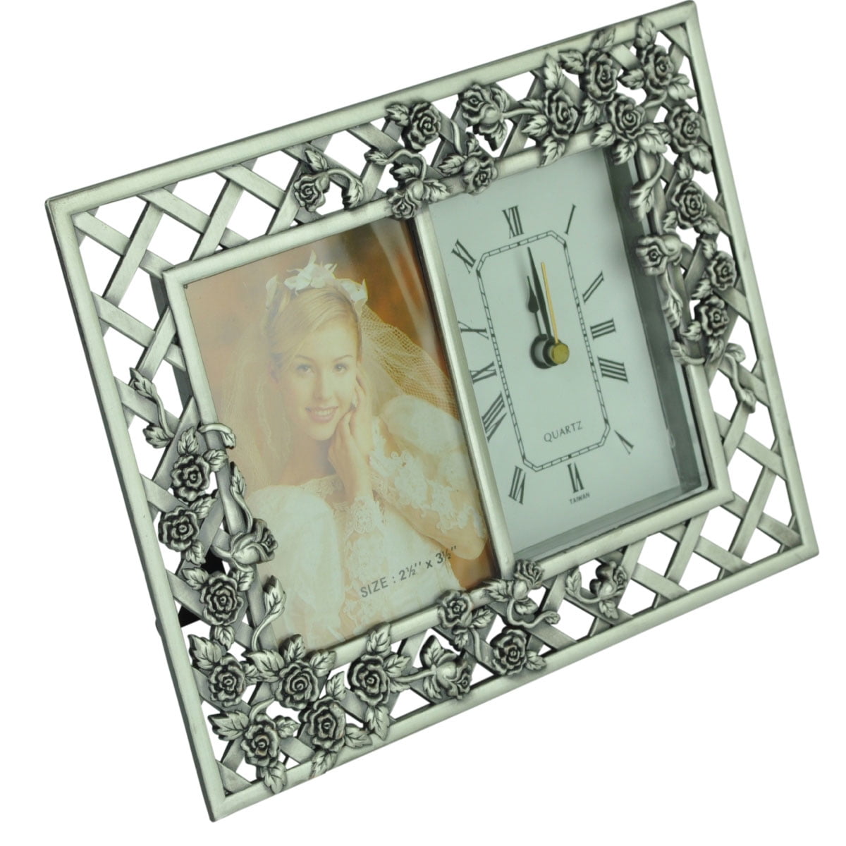 Glory Land Pewter Desk Home Decor Clock Photo Frame Roses on Trellis ...