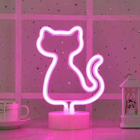 uertd Pink Cat Neon Sign -LED Neon Lights Sign with Stand Base Battery ...