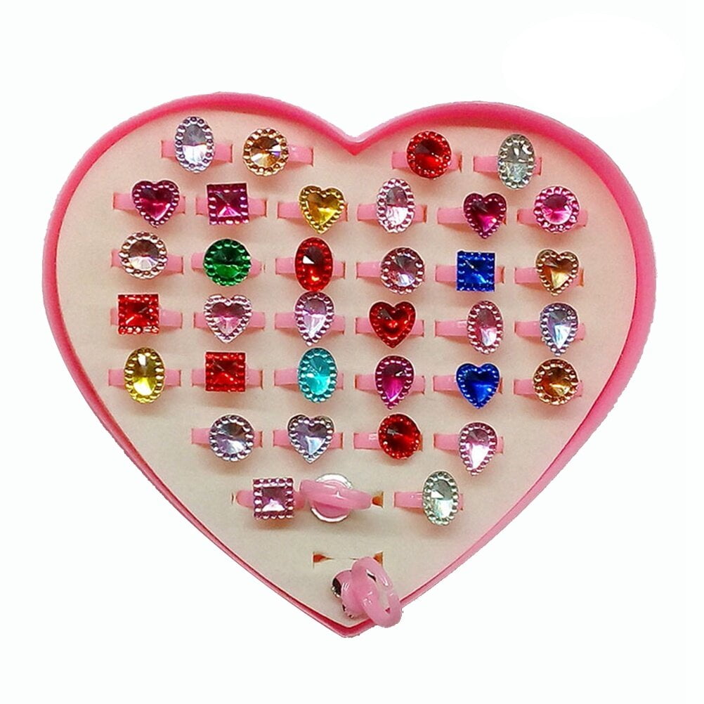 36pcs Colorful Children Rings Sparkle with Heart Shape Display Case for ...