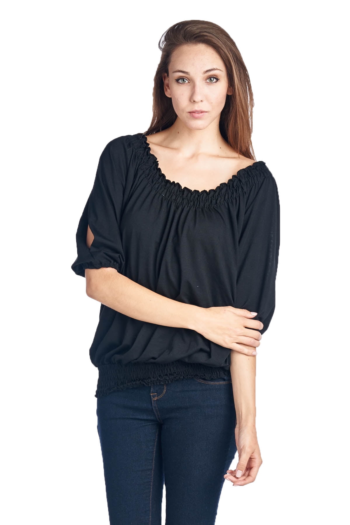 Christine V Women Three Quarter 3/4 Sleeve Ruffled Low-Back Peasant Top ...