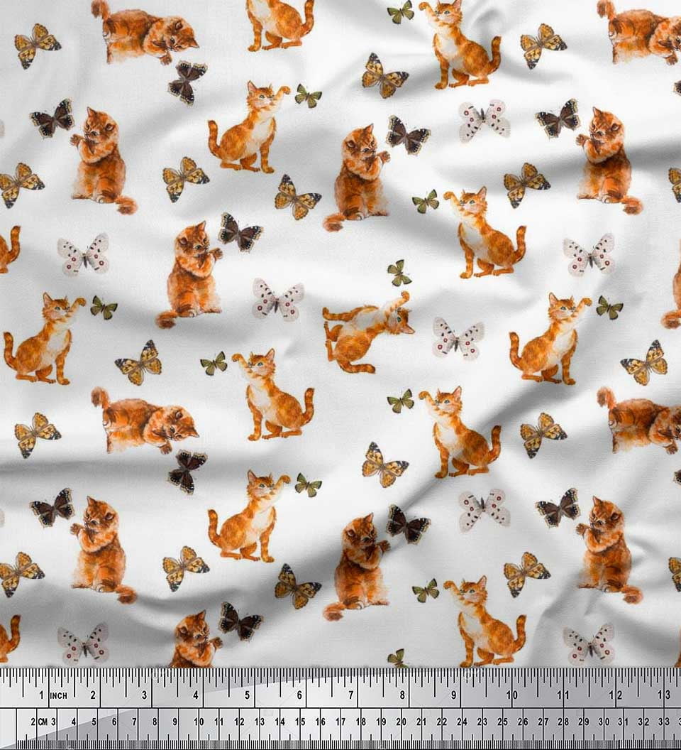 Soimoi White Rayon Fabric Insect & Cat Animal Print Fabric by Yard 42 ...