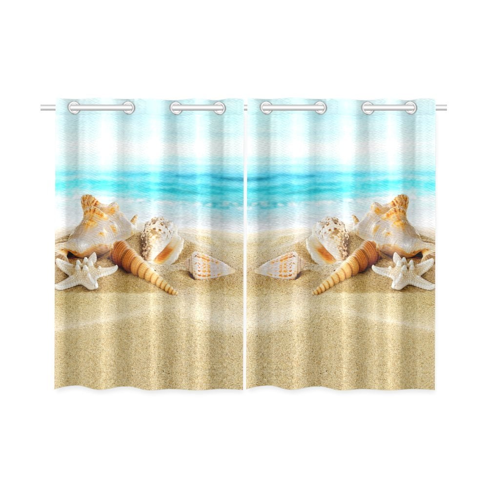 MYPOP Starfish Seashell Sandy Beach Sea Window Curtain Kitchen Curtain ...