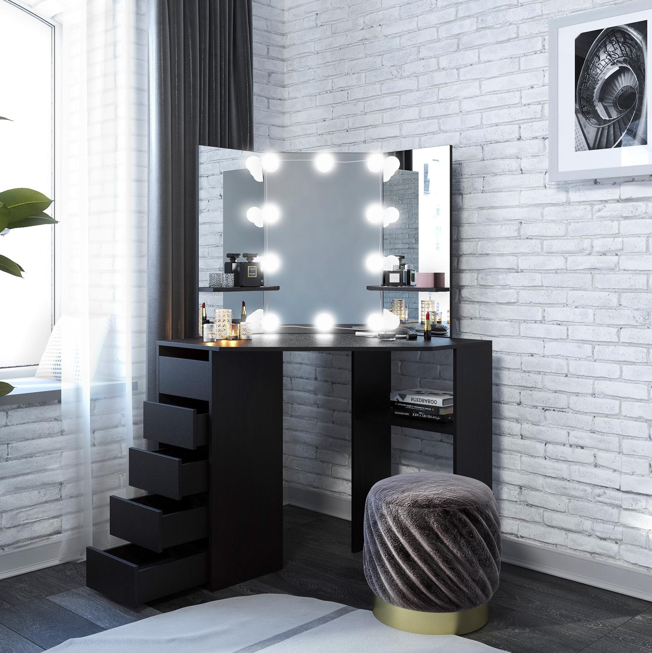 DARK BROWN CORNER MAKEUP VANITY TABLE WITH LED LIGHTS TRI FOLD MIRROR DARK BROWN CORNER MAKEUP VANITY TABLE WITH LED LIGHTS TRI FOLD MIRROR