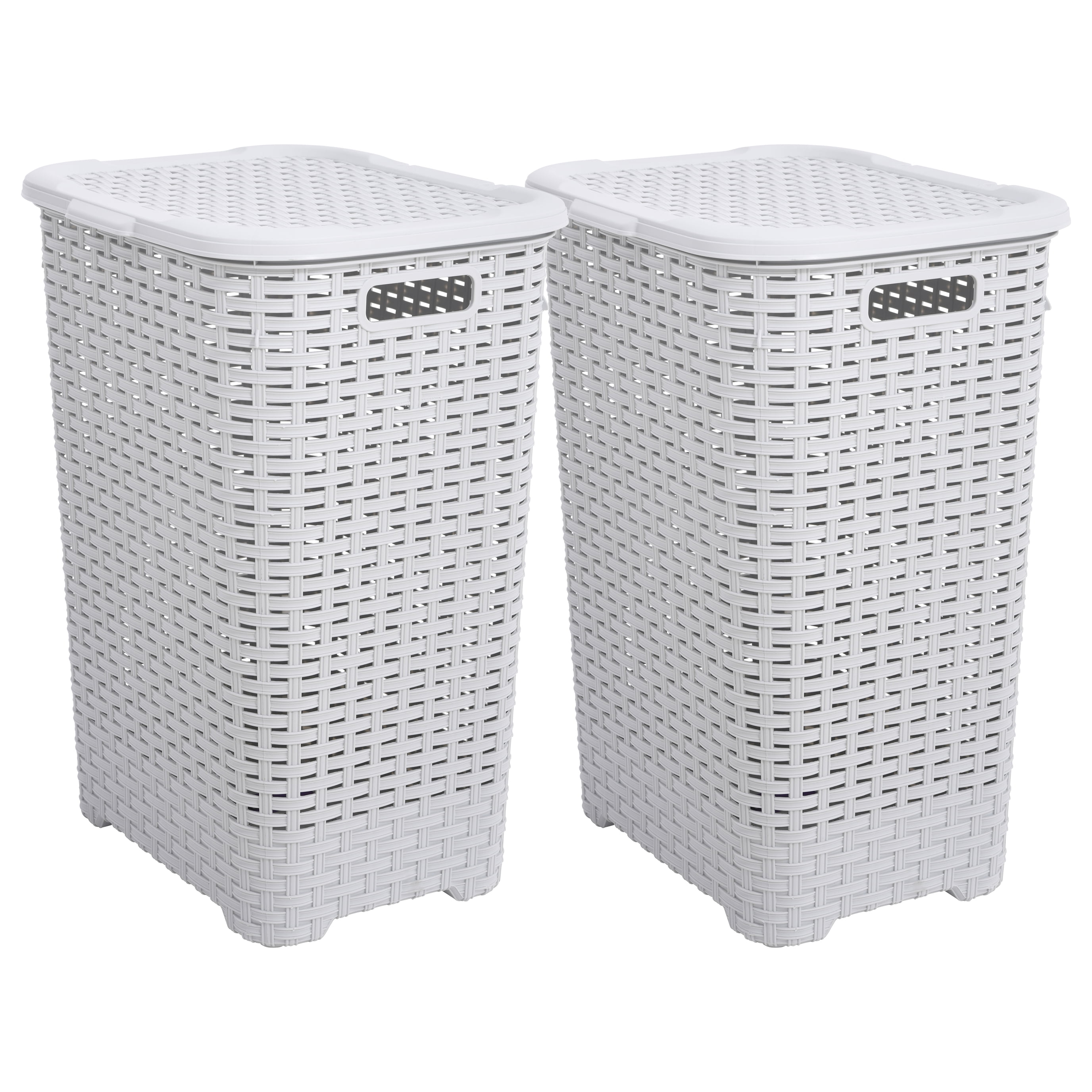 Superio 60L Large Wicker Plastic Laundry Hamper with Lid - White Smoke ...