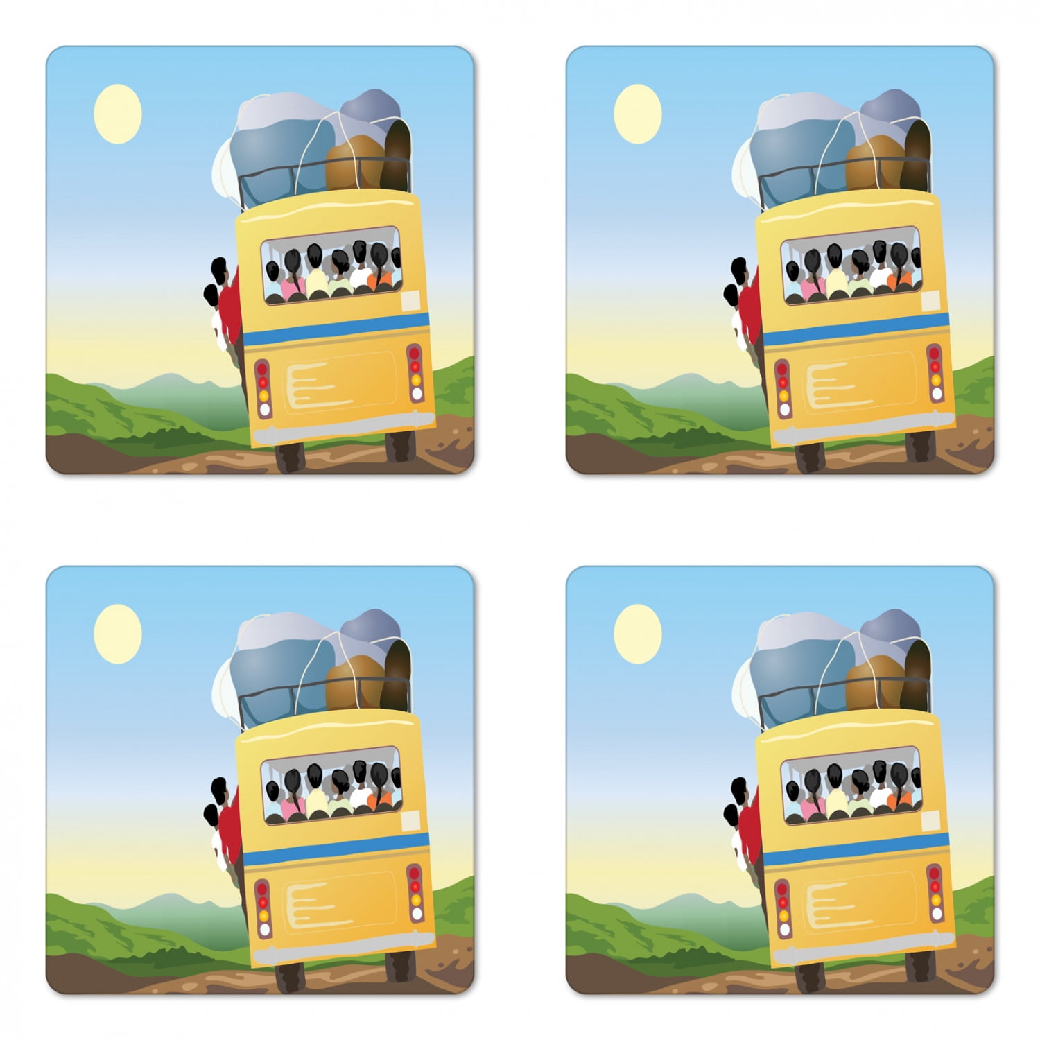 Cartoon Coaster Set of 4, Yellow Bus Full of Passengers and Luggage ...