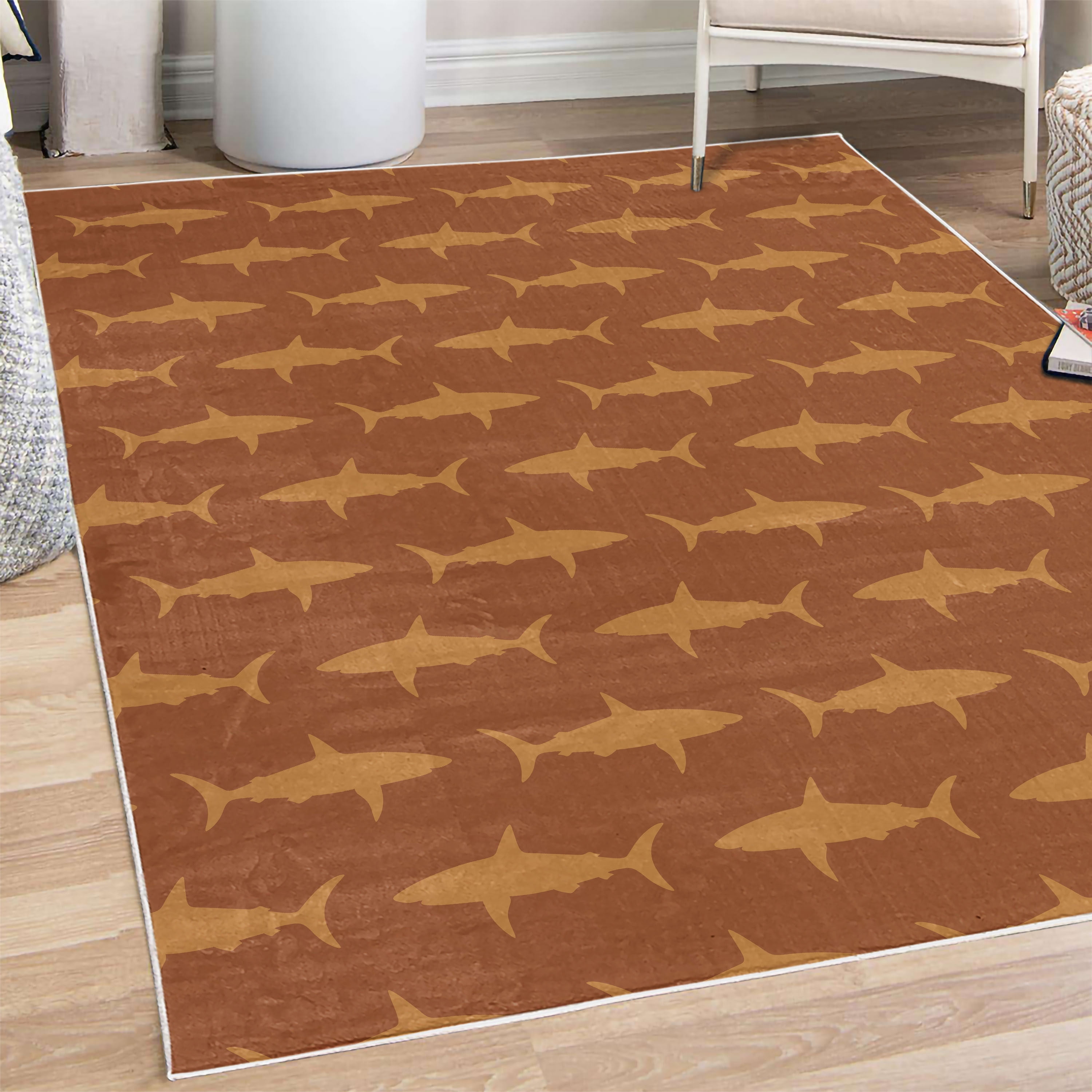 Sea Animals Decorative Rug, Sharks Swimming Horizontal Silhouettes ...