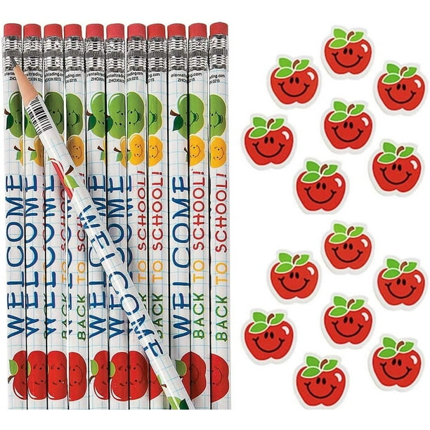 (24) Welcome Back To School Pencils and (24) Apple Erasers Bulk set ...