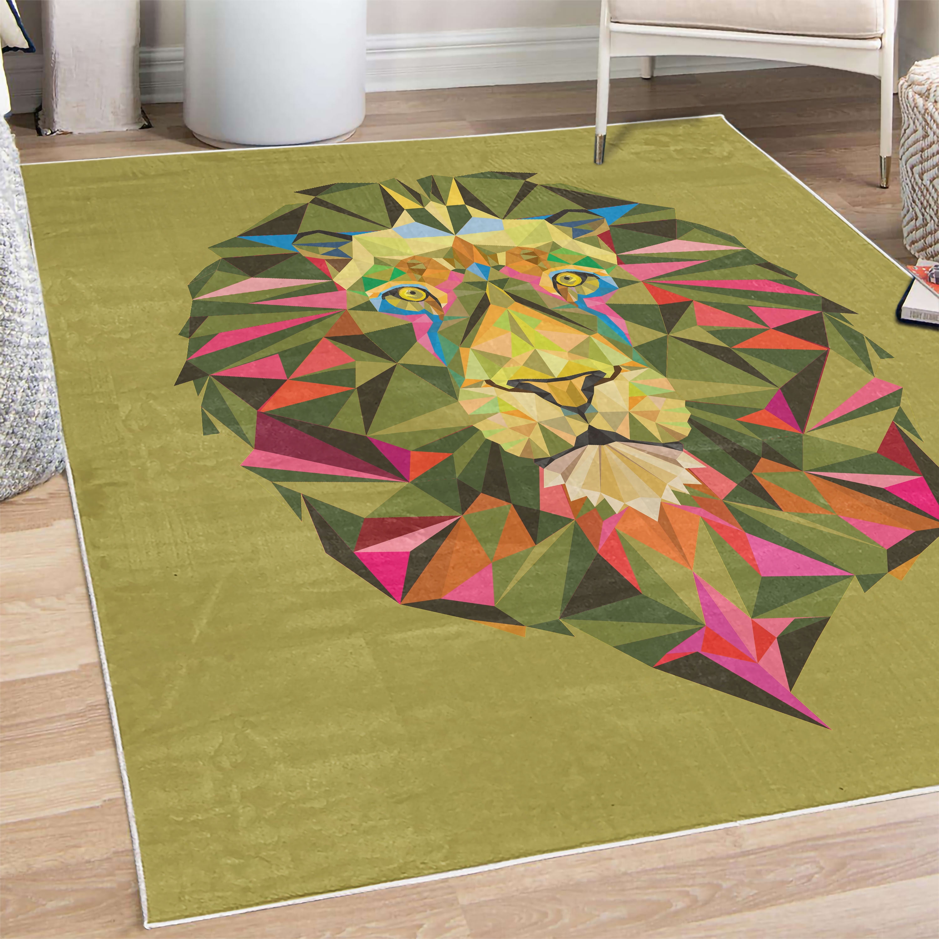 Zoo Decorative Rug, Colorful Animals Geometric Diamond Face Lions Mane ...