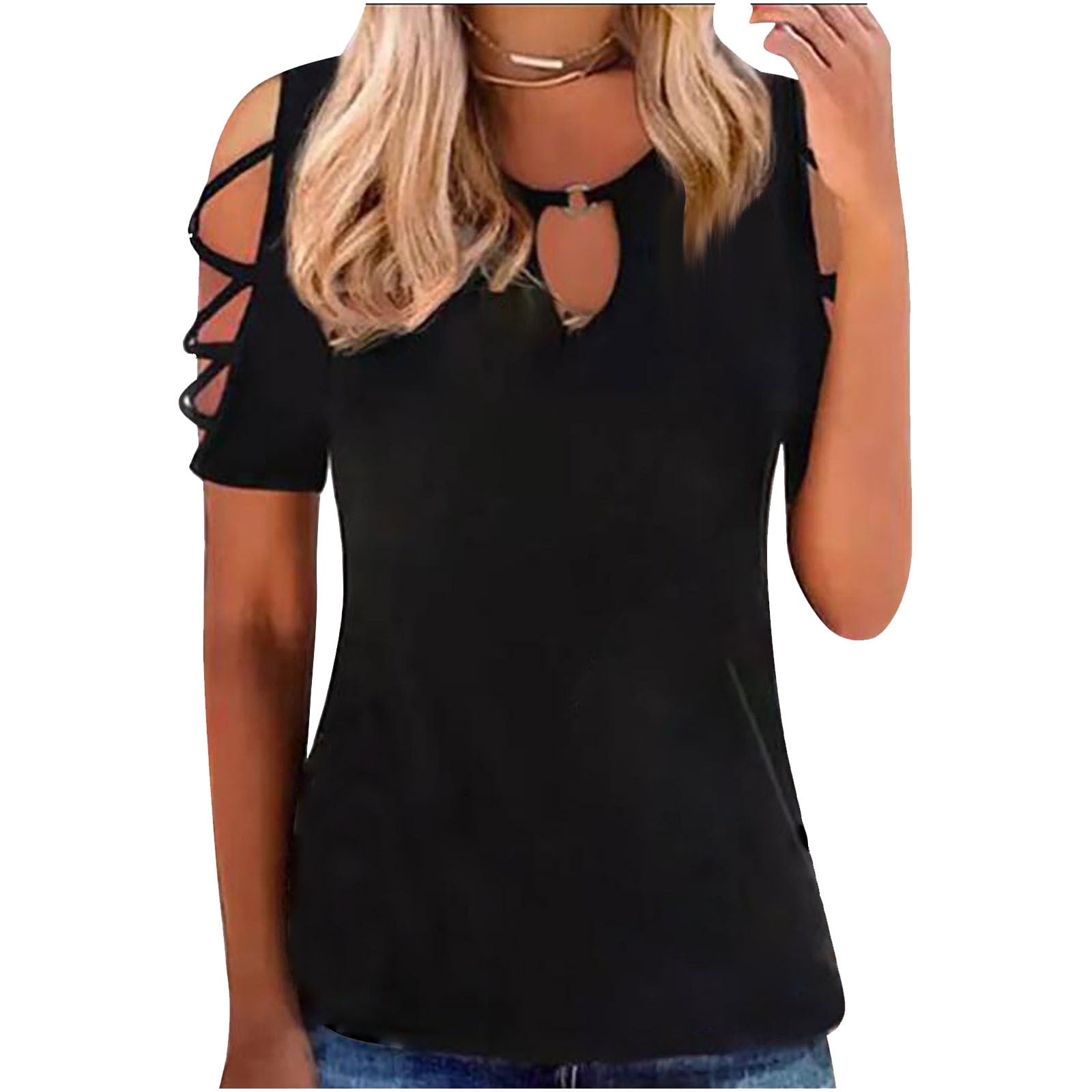 USSUMA T-Shirts for Women Trendy Floral Print Cute Strappy Cold ...