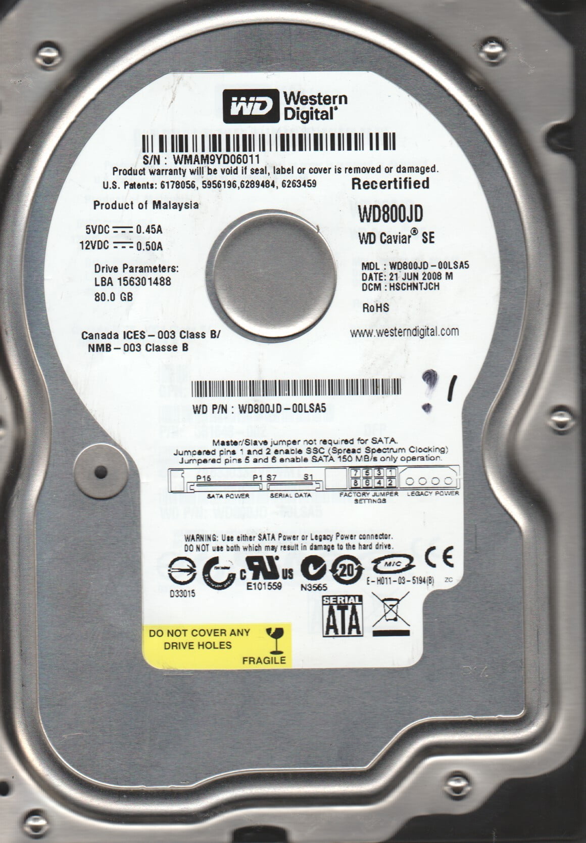 WD800JD-00LSA5, DCM HSCHNTJCH, Western Digital 80GB SATA 3.5 Hard Drive ...