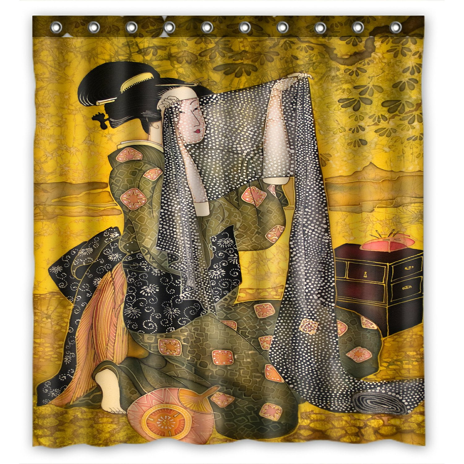 Phfzk Asian Shower Curtain Japanese Woman Polyester Fabric Bathroom