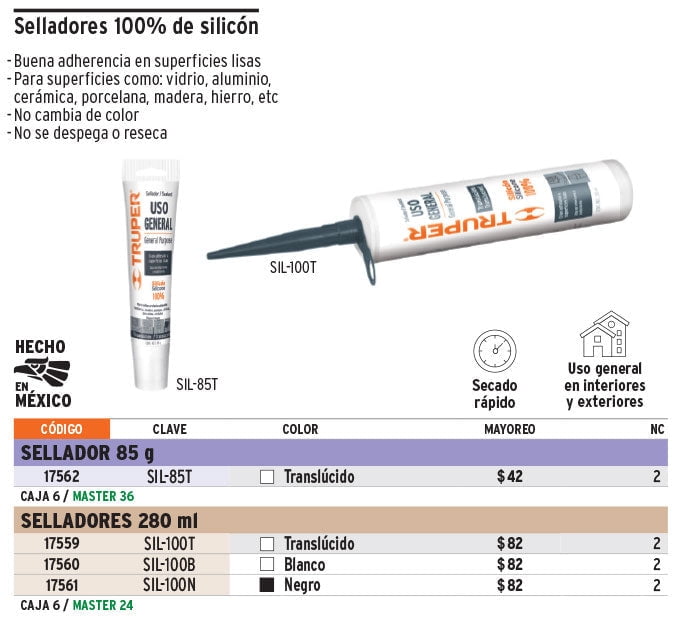 Sellador transparente, 100% de silicón, 85 gr Truper Sellador transparente, 100% de silicón, 85 ...
