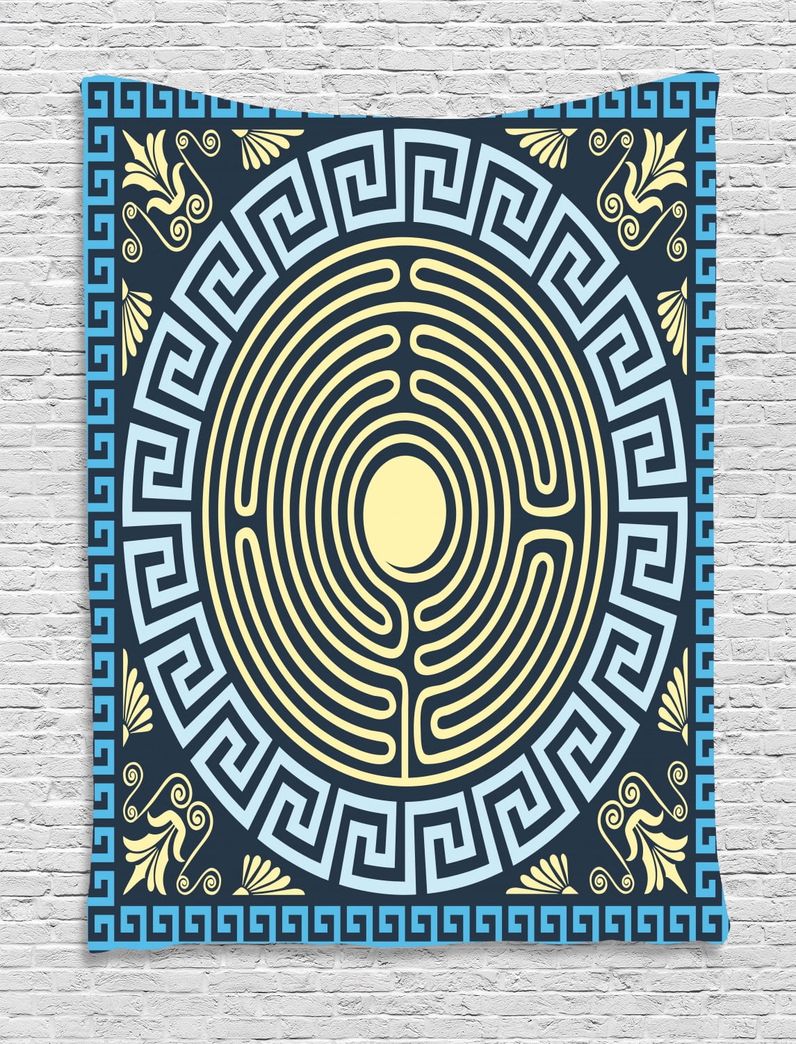Greek Key Tapestry, Yellow and Blue Labyrinth Pattern from Ancient ...