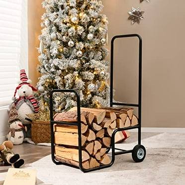 Firewood Log Cart Carrier - Outdoor or Indoor Black Steel Wood Rack ...