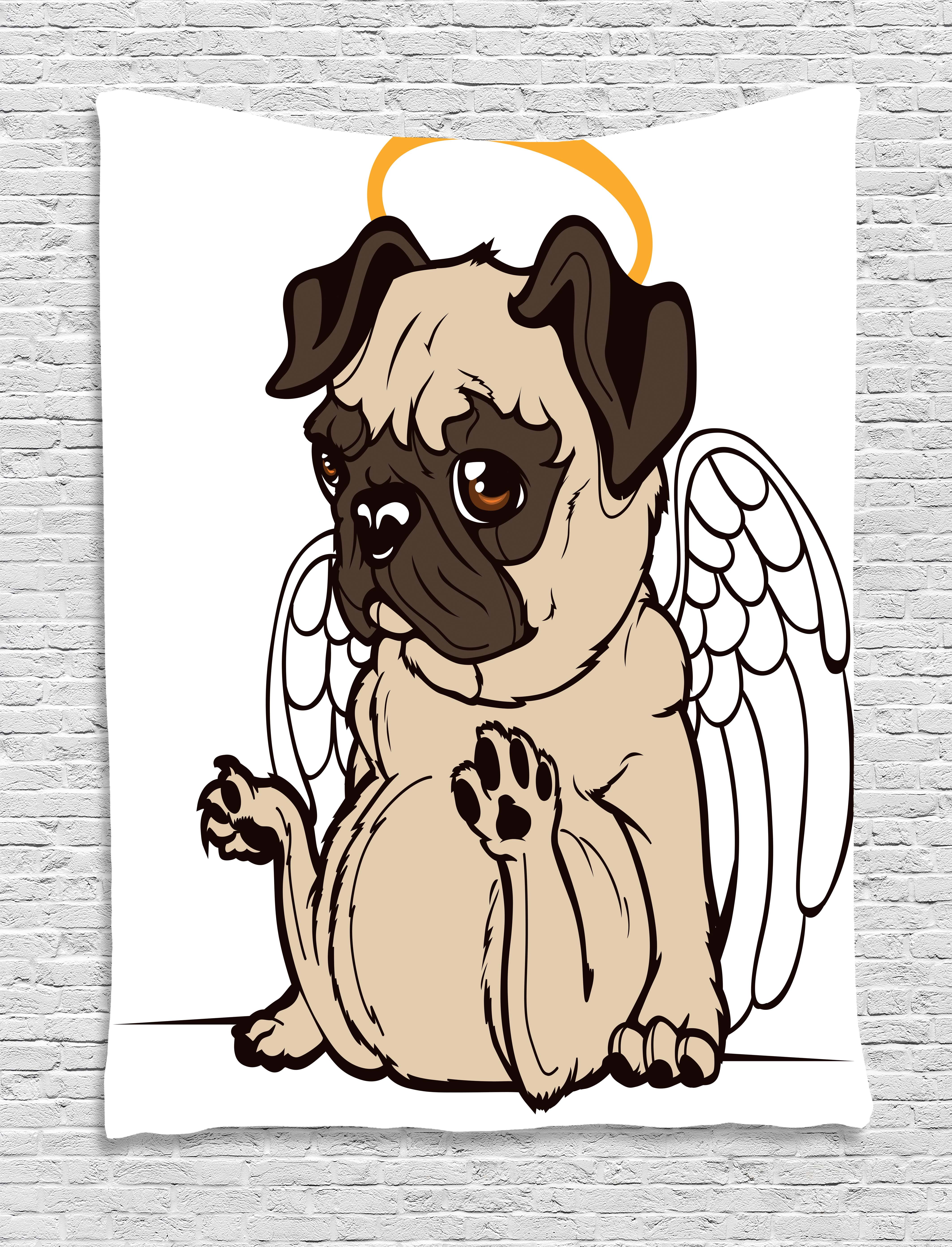 Pug Tapestry, Pug Puppy Angel with a Hare on Its Head and Beautiful ...