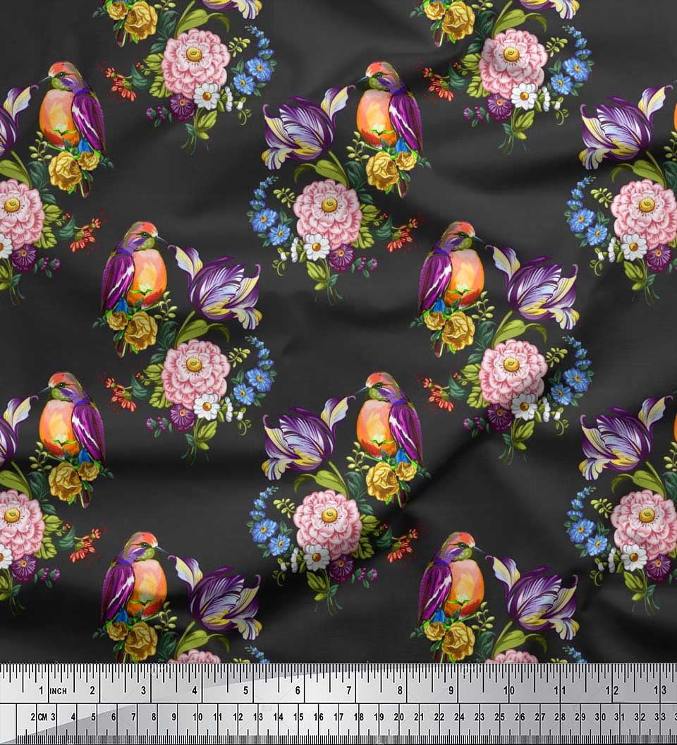 Soimoi Gray Poly Georgette Fabric Leaves,Floral & American Robin Bird ...