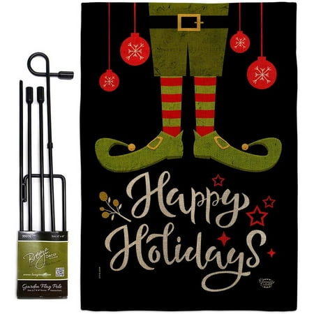 Elf Happy Holidays Burlap Garden Flag - Set with Stand Winter Christmas ...