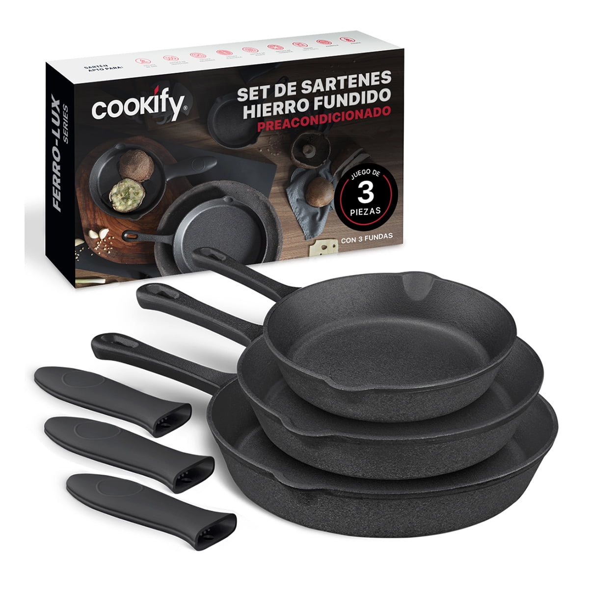 Set 3 Sartenes de Hierro Fundido con Funda de silicón Cookify (Negro ...