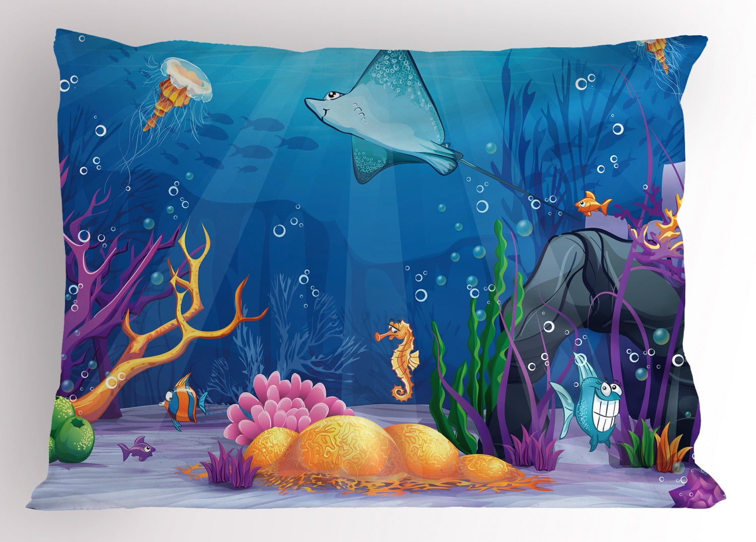 Ocean Pillow Sham Sealife Navy Fish Moss Shells Bubbles Stones and ...