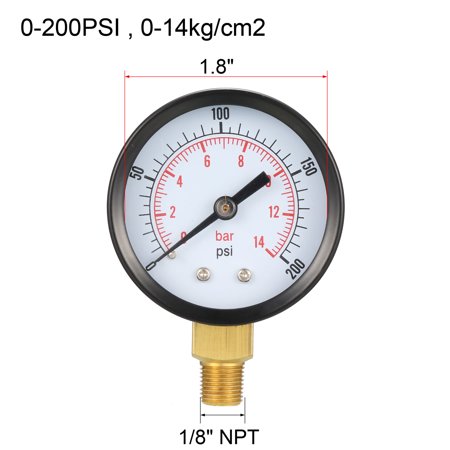 Pressure Gauge , 0-200 PSI/0-14 Bar Dual Scale , 1.8" Dial Display , 1/ ...