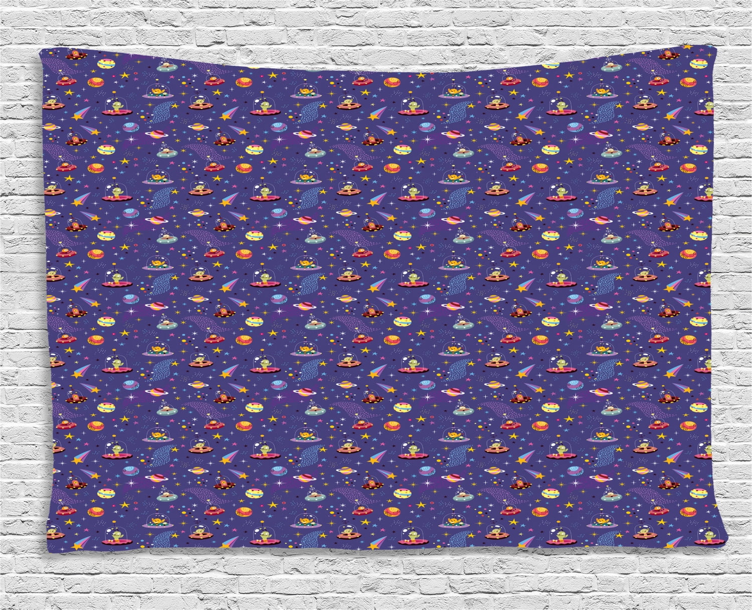 Alien Tapestry, Cute Ufo Trippy Odd Characters in Spaceship Hovering in ...