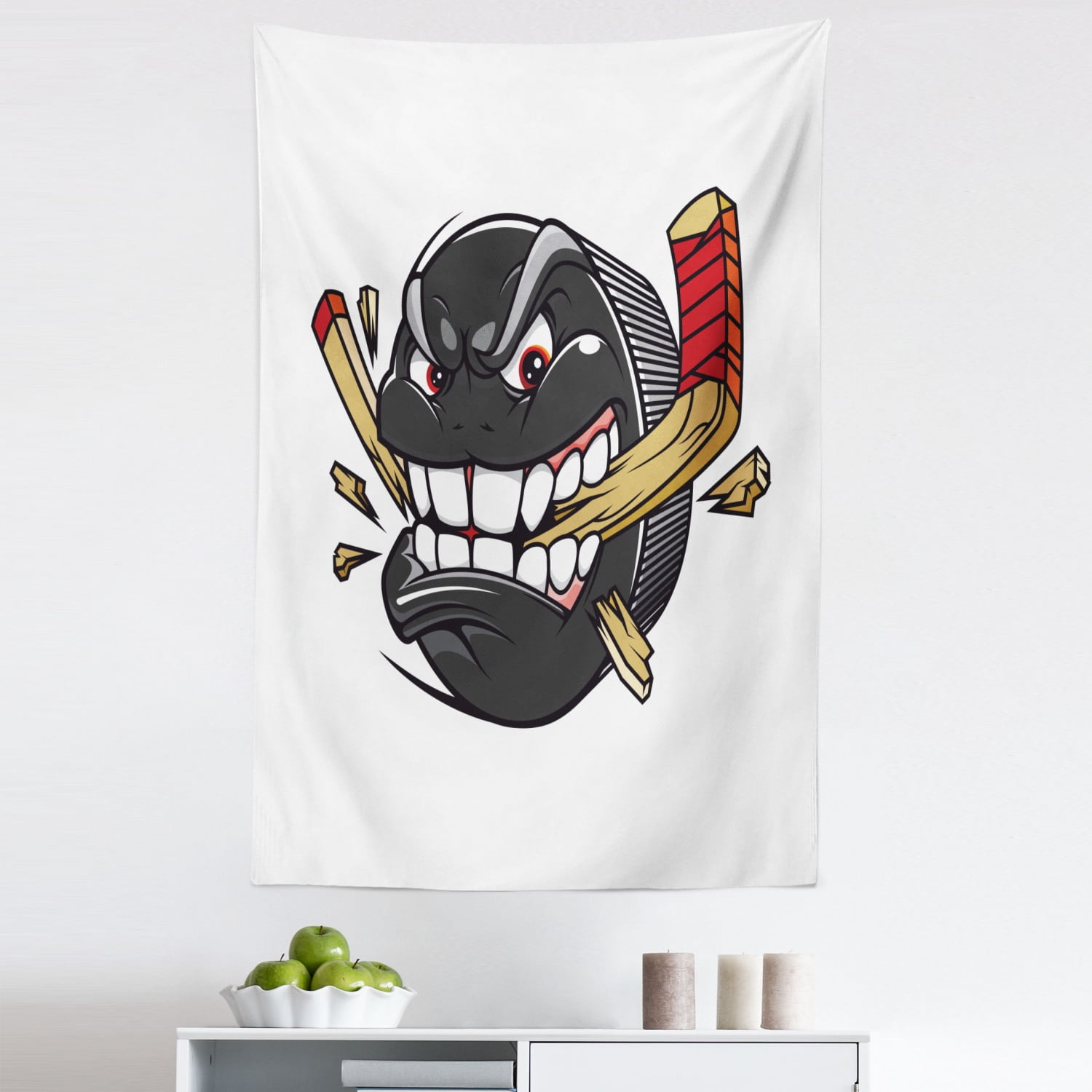 Hockey Tapestry, Cartoon Hockey Puck Bites and Breaks Hockey Stick ...