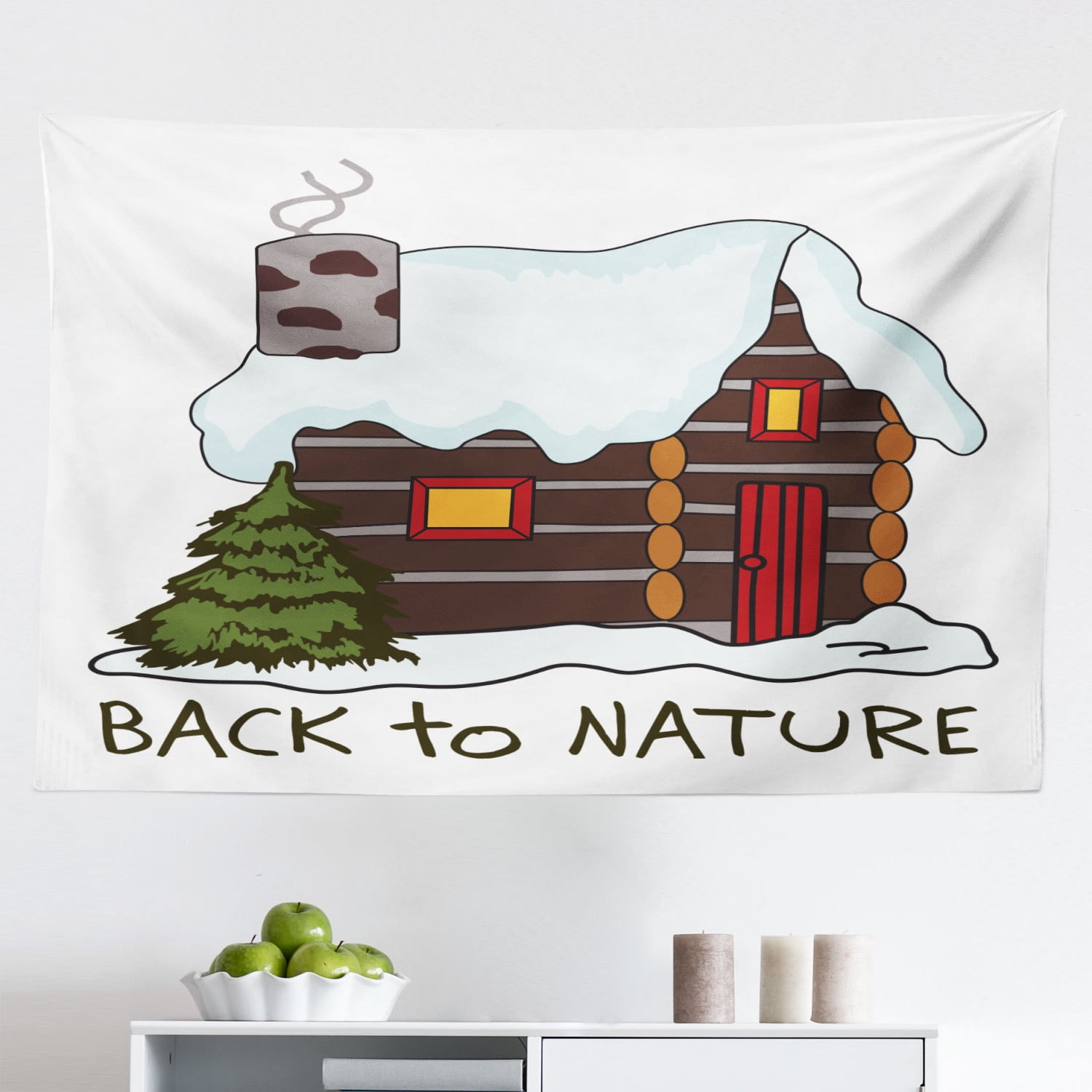 Log Cabin Tapestry, Winter Theme Image of a Rustic Cabin and Firs ...