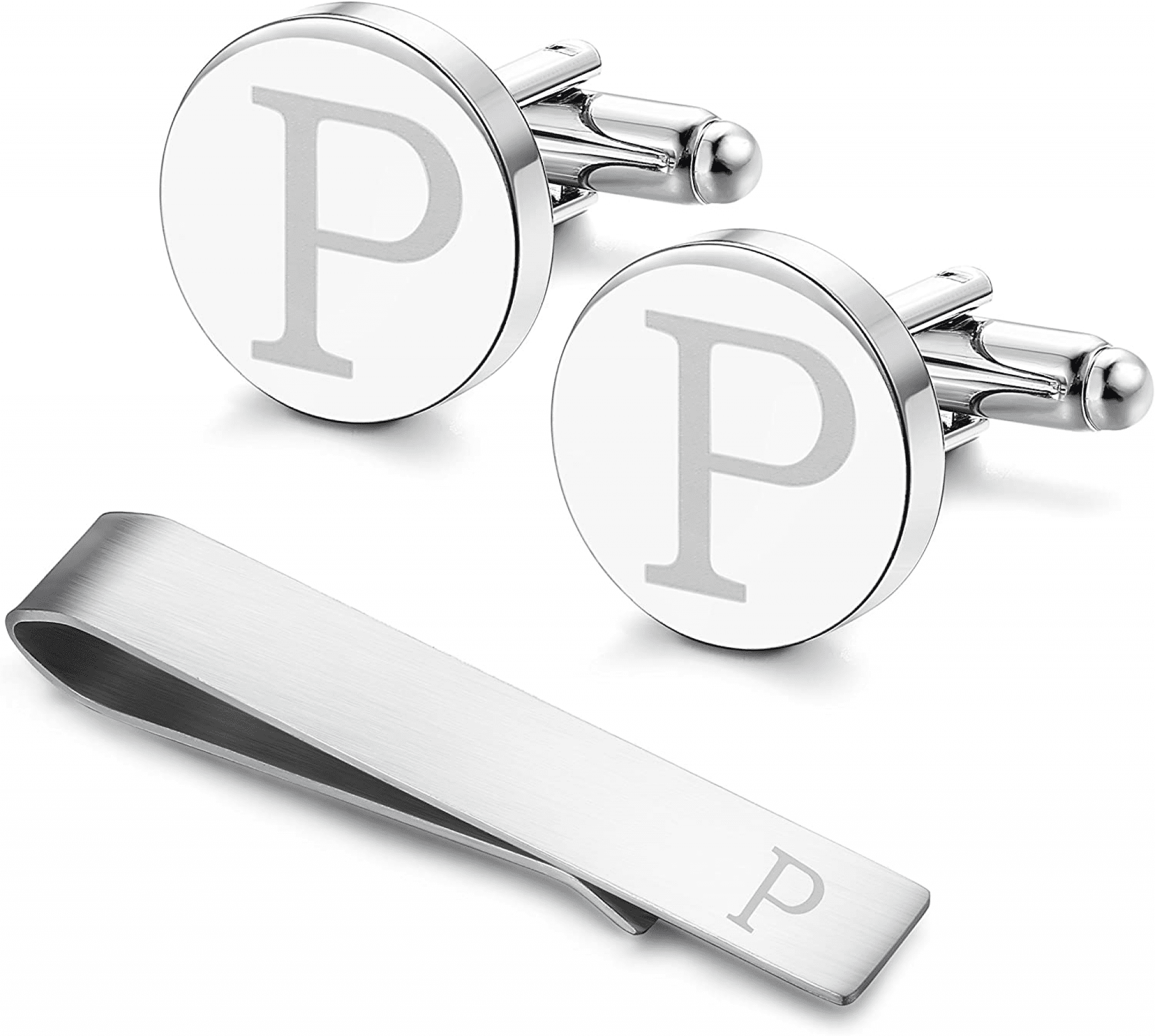 AVEKI Stainless Steel Engraved Initial Cufflinks and Tie Clip Bar Set ...
