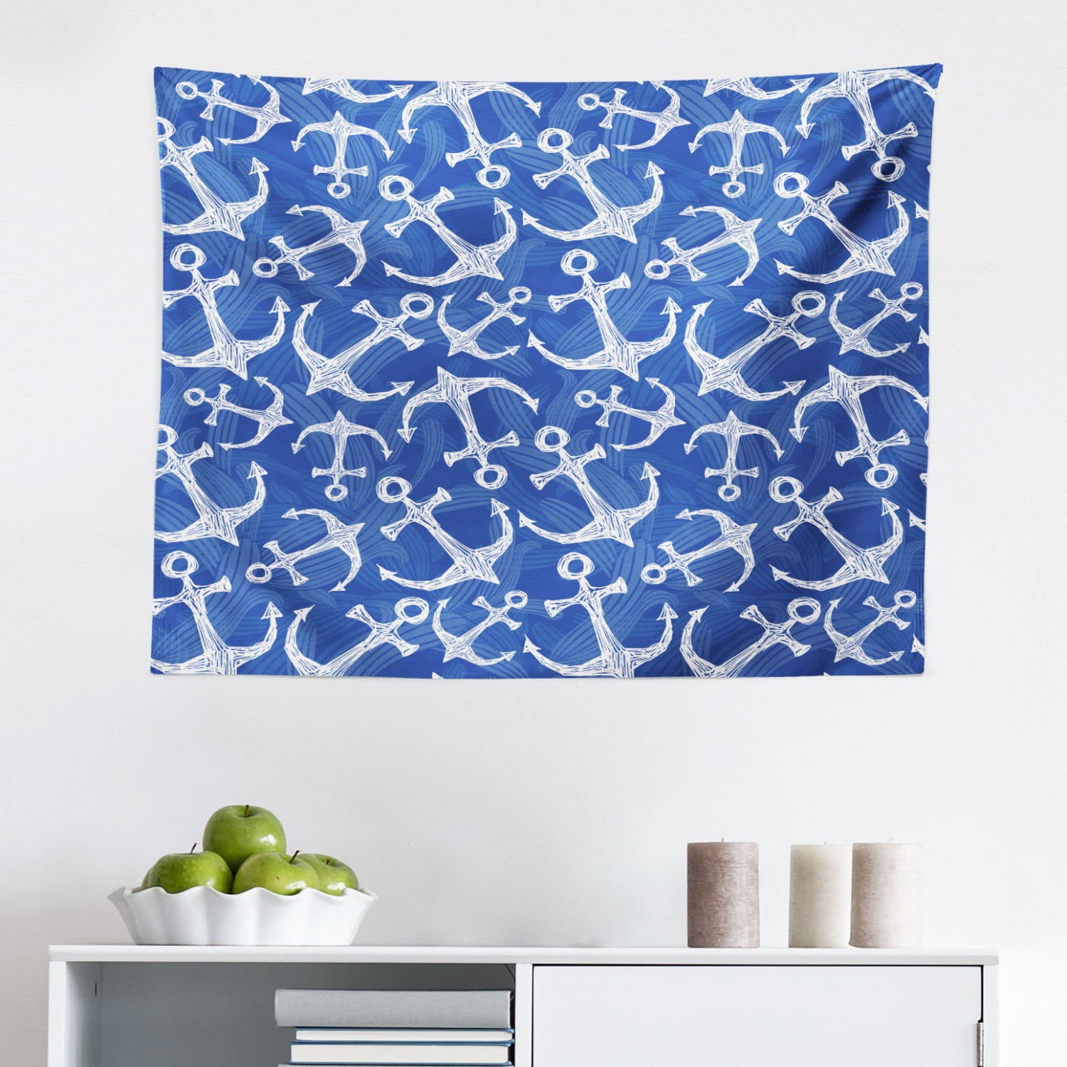 Anchor Tapestry, Floral Anchor on Striped Surface Crescent Moon Modern ...