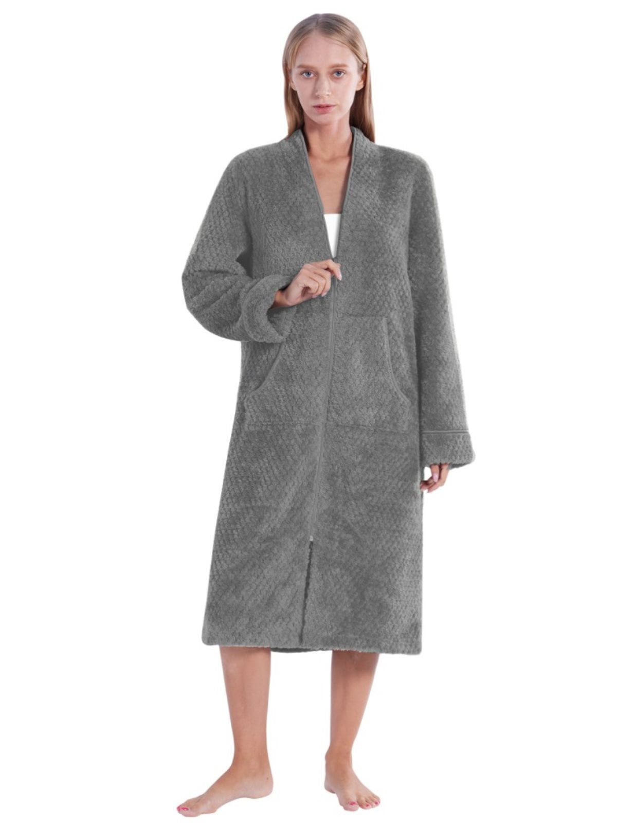 EFINNY Women's Long Zipper Robes Flannel Waffle Fleece Soft Bathrobe ...