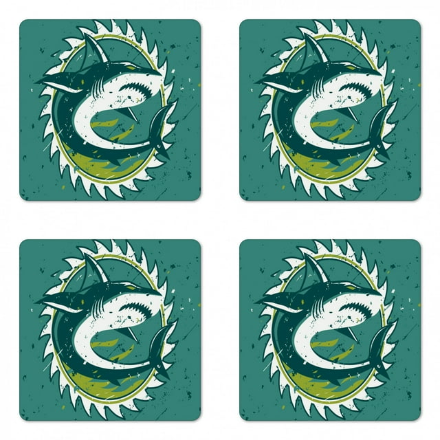 Shark Coaster Set of 4, Graphic of Shark Hunter in Dark Murky Colors ...