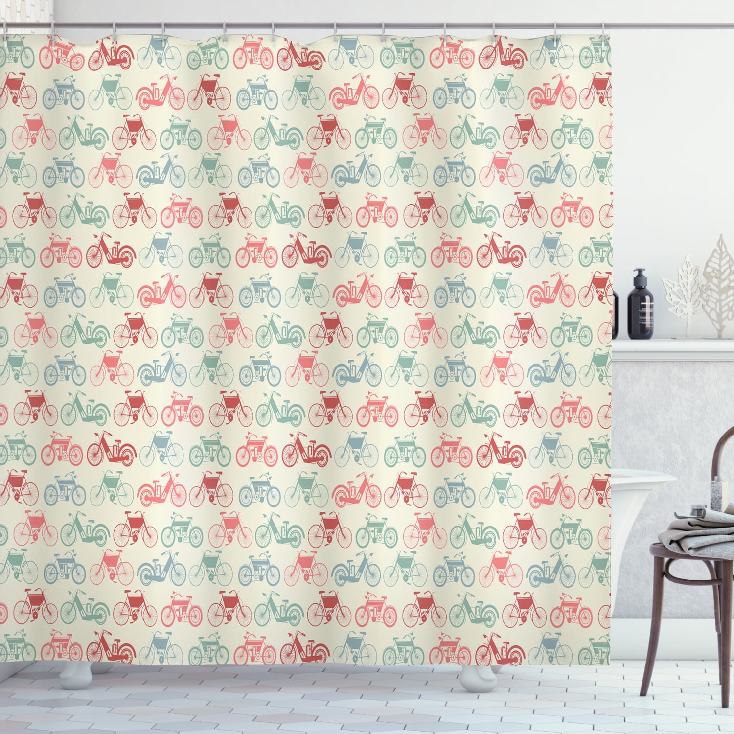 Bicycle Shower Curtain, Vintage Style Bike Pattern in Retro Colors ...