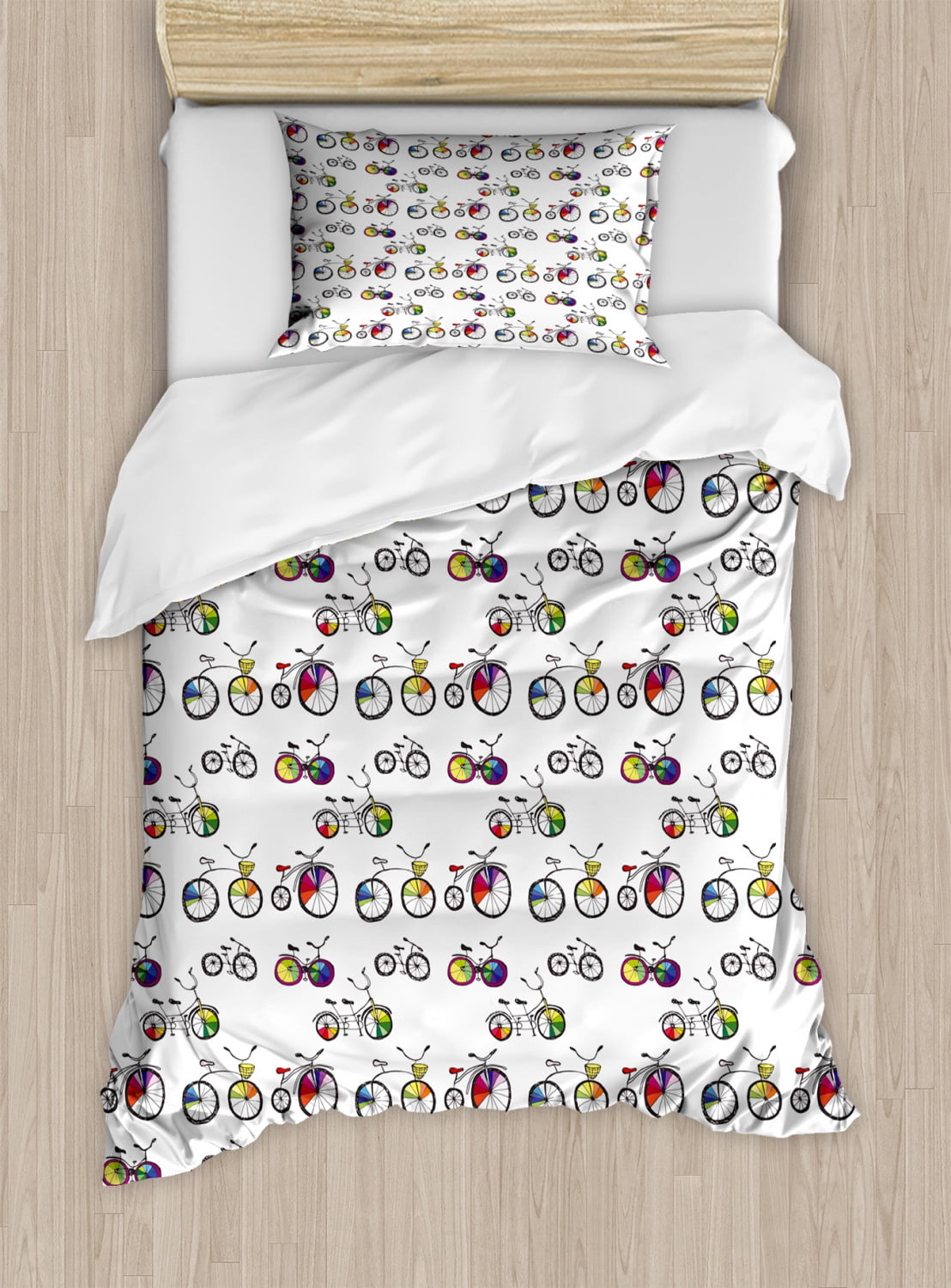 Bicycle Duvet Cover Set Twin Size, Hand Drawn Penny-Farthing Tandem and ...