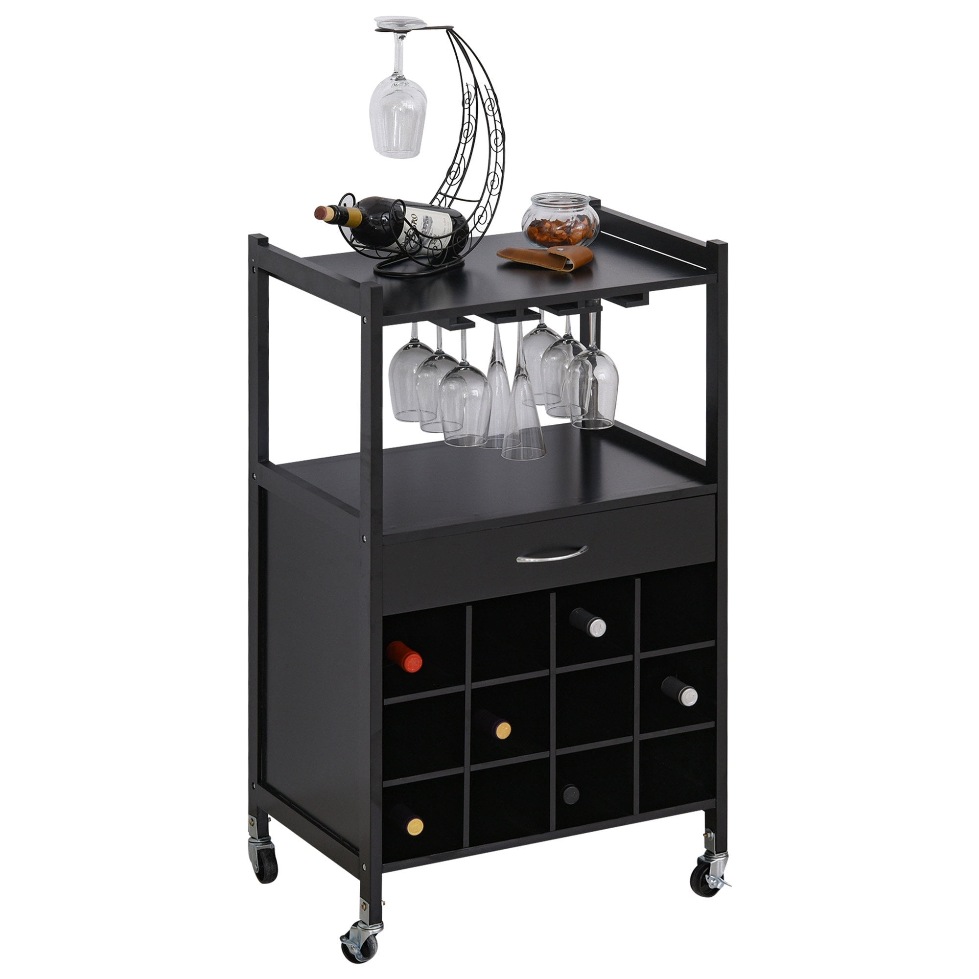 HOMCOM Rolling Kitchen Trolley Cart w/Drawer, Open Shelves & Wine Rack ...