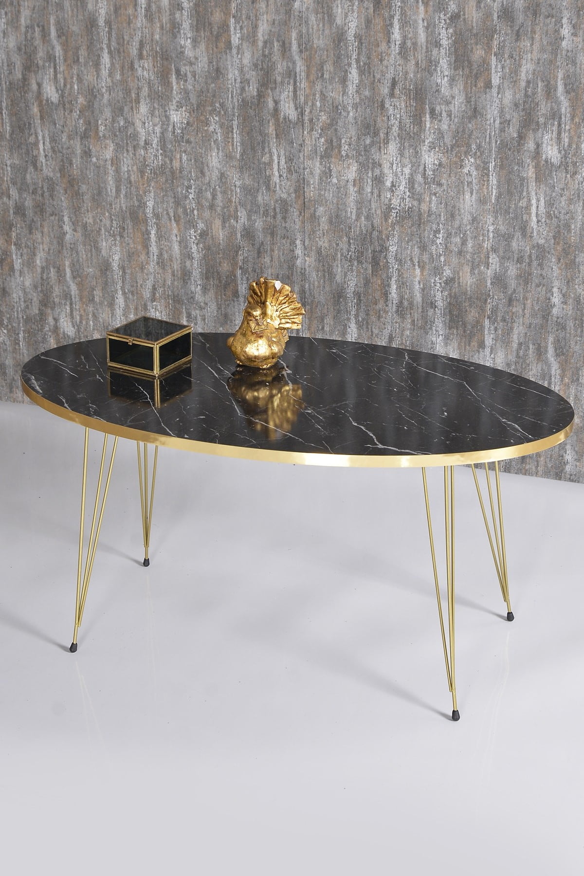 Black Marble Oval Coffee Table with Gold 3-Rod Metal Legs,Black Marble ...