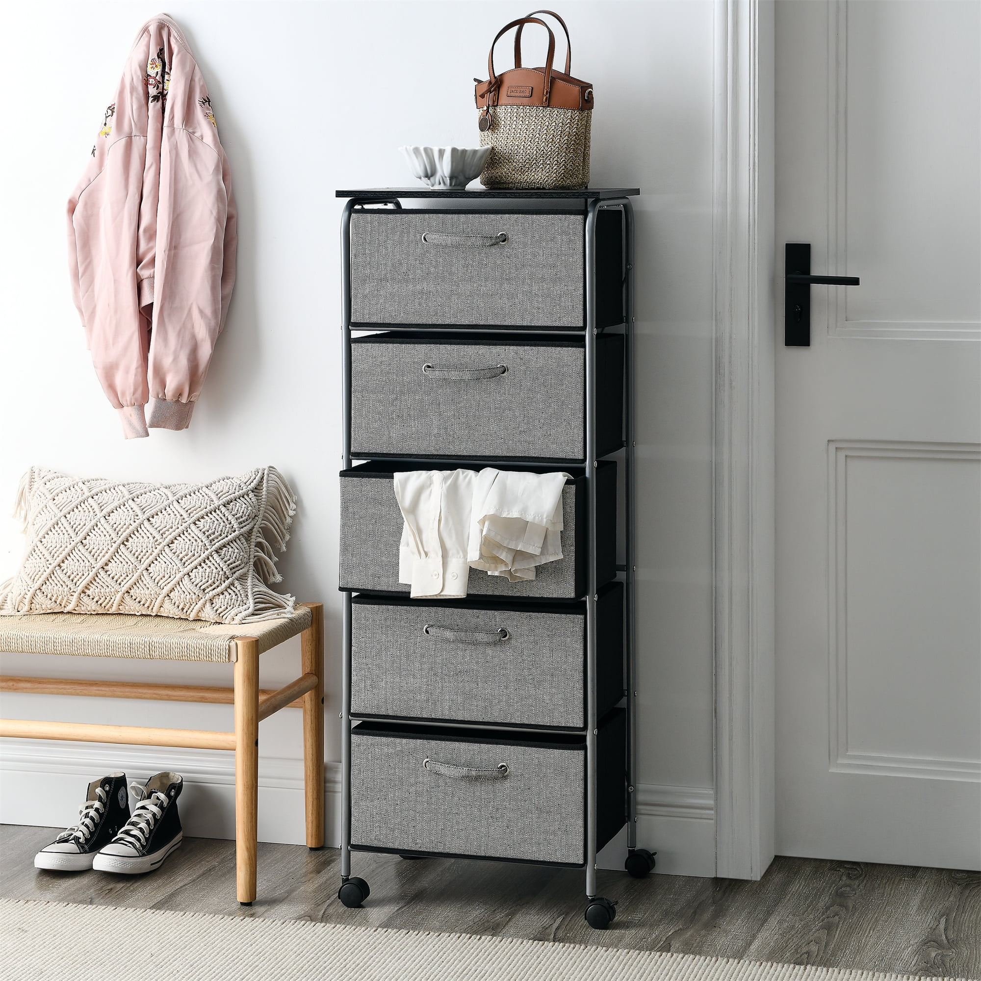 Cfowner 5-Drawer Storage Shelves, Gray Tall Chest Organizer Unit ...