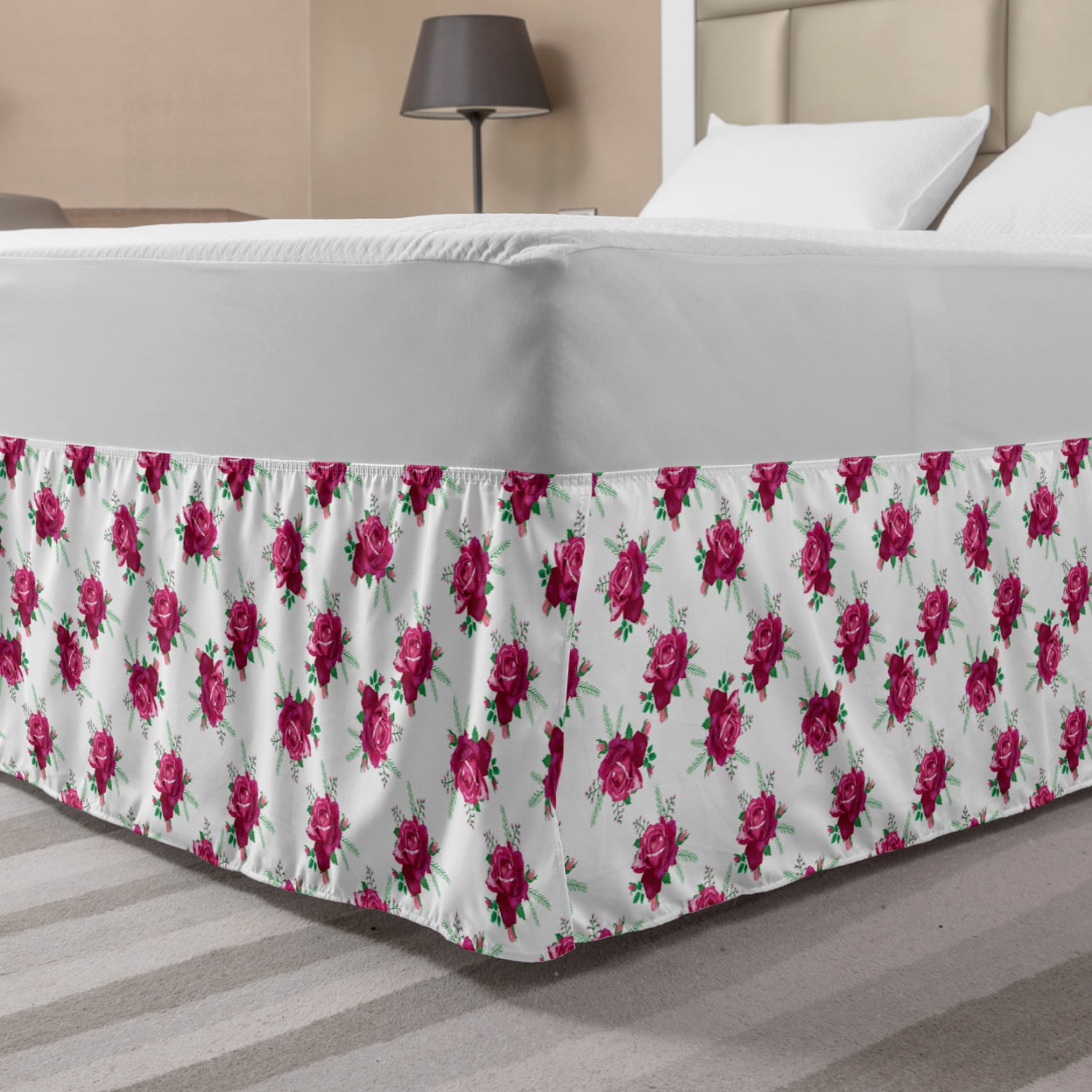 Romantic Bed Skirt, Pattern with Bouquet with Blooming Rose and Buds ...