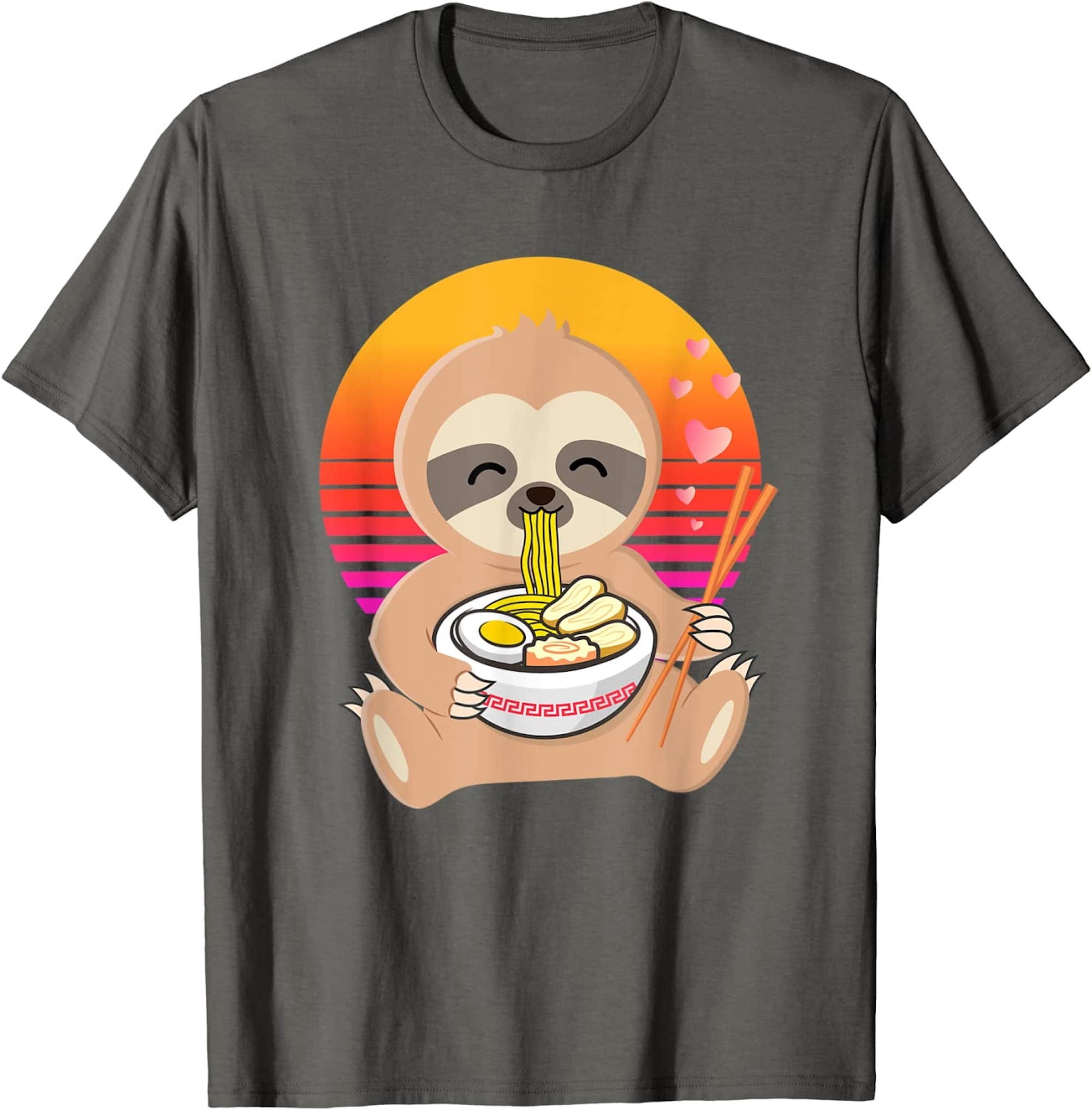 Cute Sloth Mascot Eating Japanese Ramen Noodle Retro Sunset T-Shirt ...