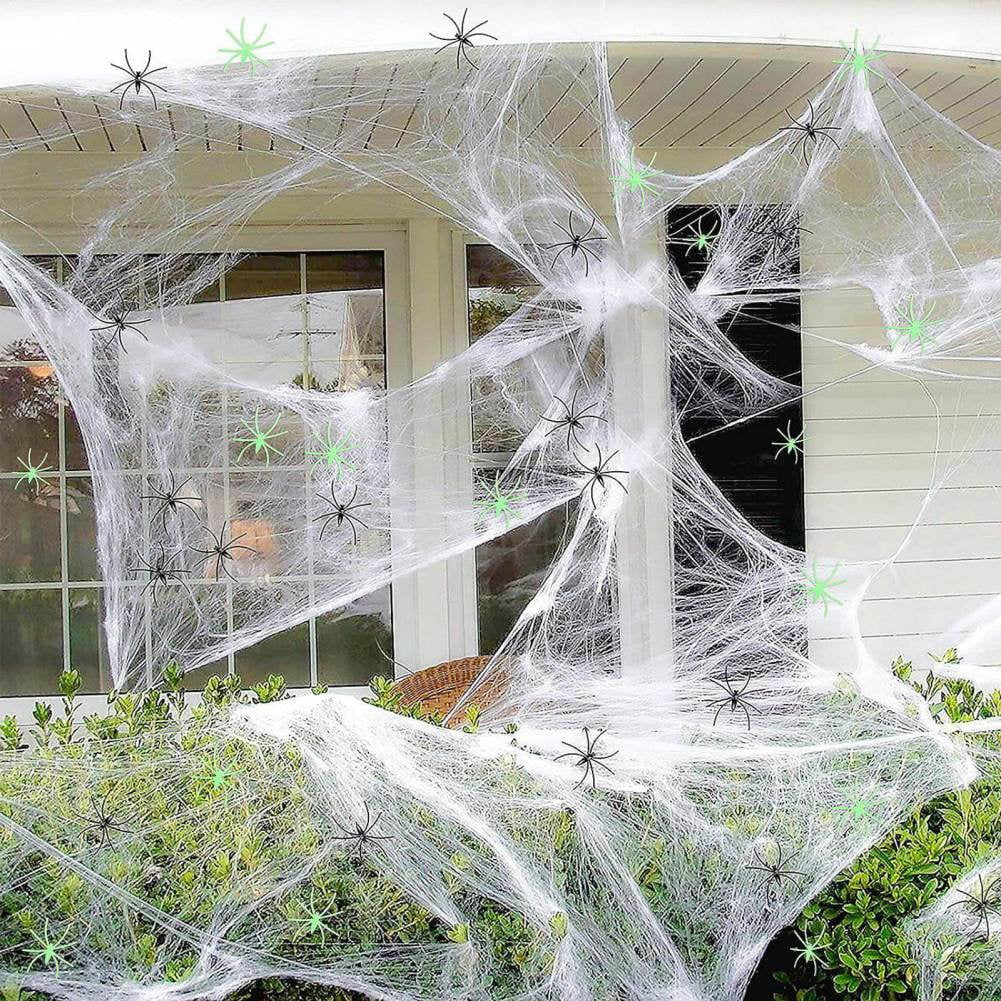 White Cotton Fake Cobwebs with Black Plastic Spiders Set Halloween ...
