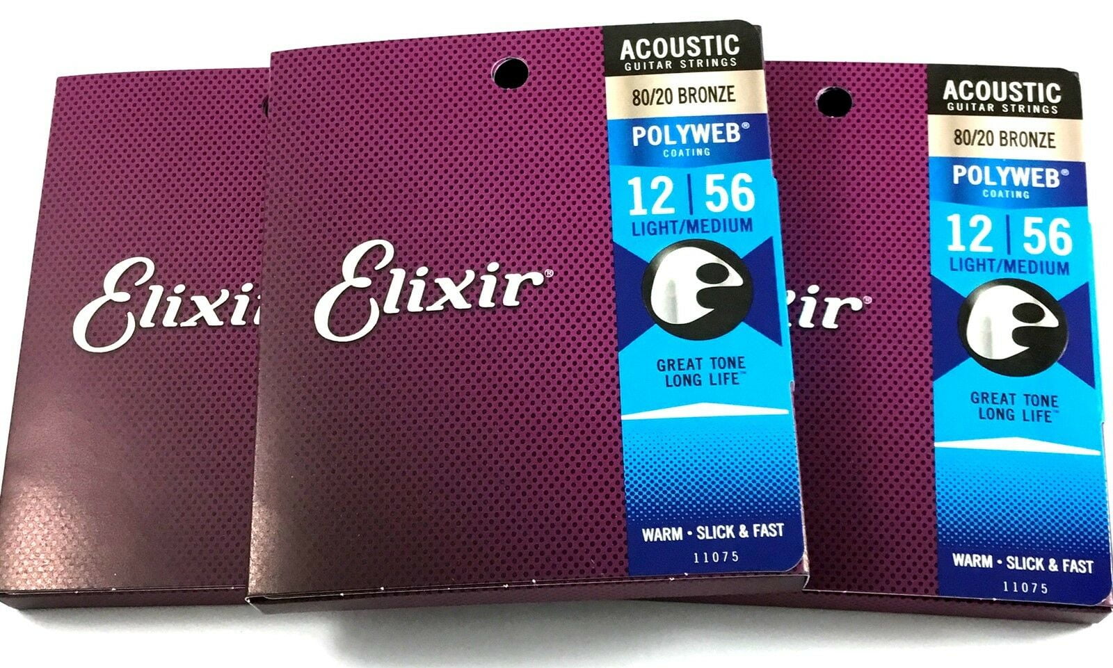Elixir Guitar Strings 3 pack Light Medium Polyweb Acoustic 12-56 ...