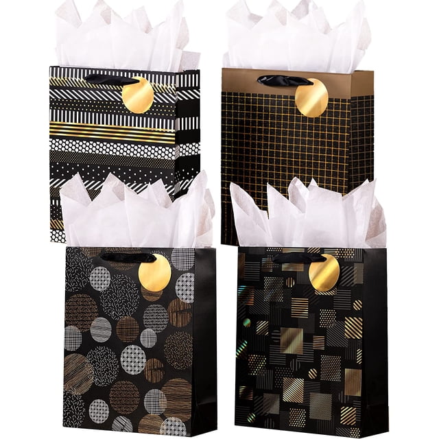 SHIPKEY 12 Pack Black Gift Bags with Tags, 7"x3"x9" Small Black Gift ...