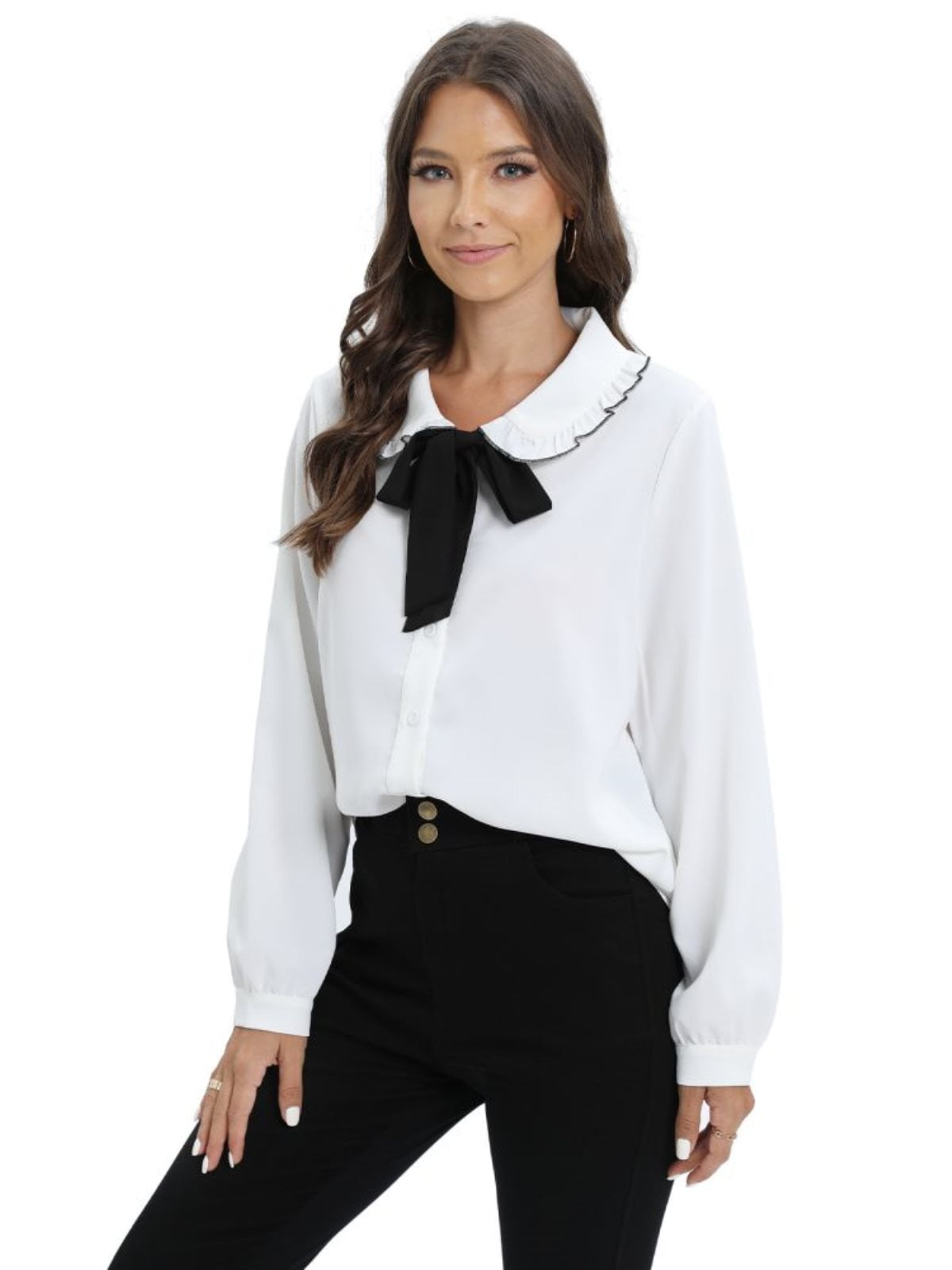 EFINNY Womens Button Down Shirts Chiffon Bow Tie Top Long Sleeve Casual ...