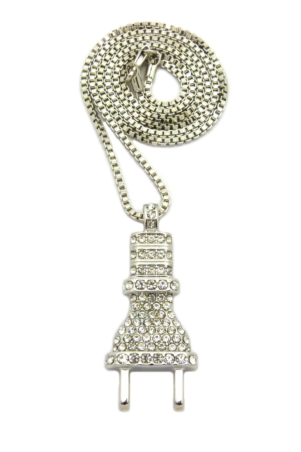 Stone Stud Body Power Plug Pendant with Chain Necklace - 2mm 24" Silver ...