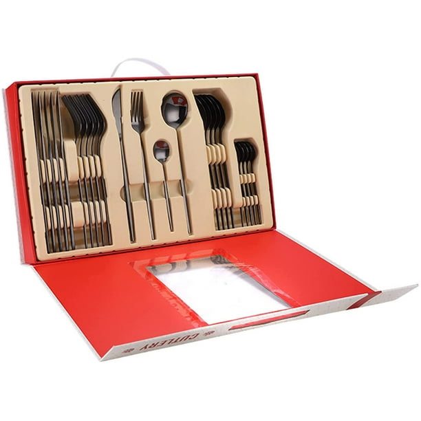 24 Piece Set with Serving Gift Box Utensils Stainless Steel Flatware ...