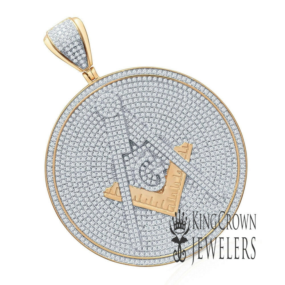 Big XL 3'' 14K Yellow Gold Finish Simulated Diamonds Freemason Masonic ...