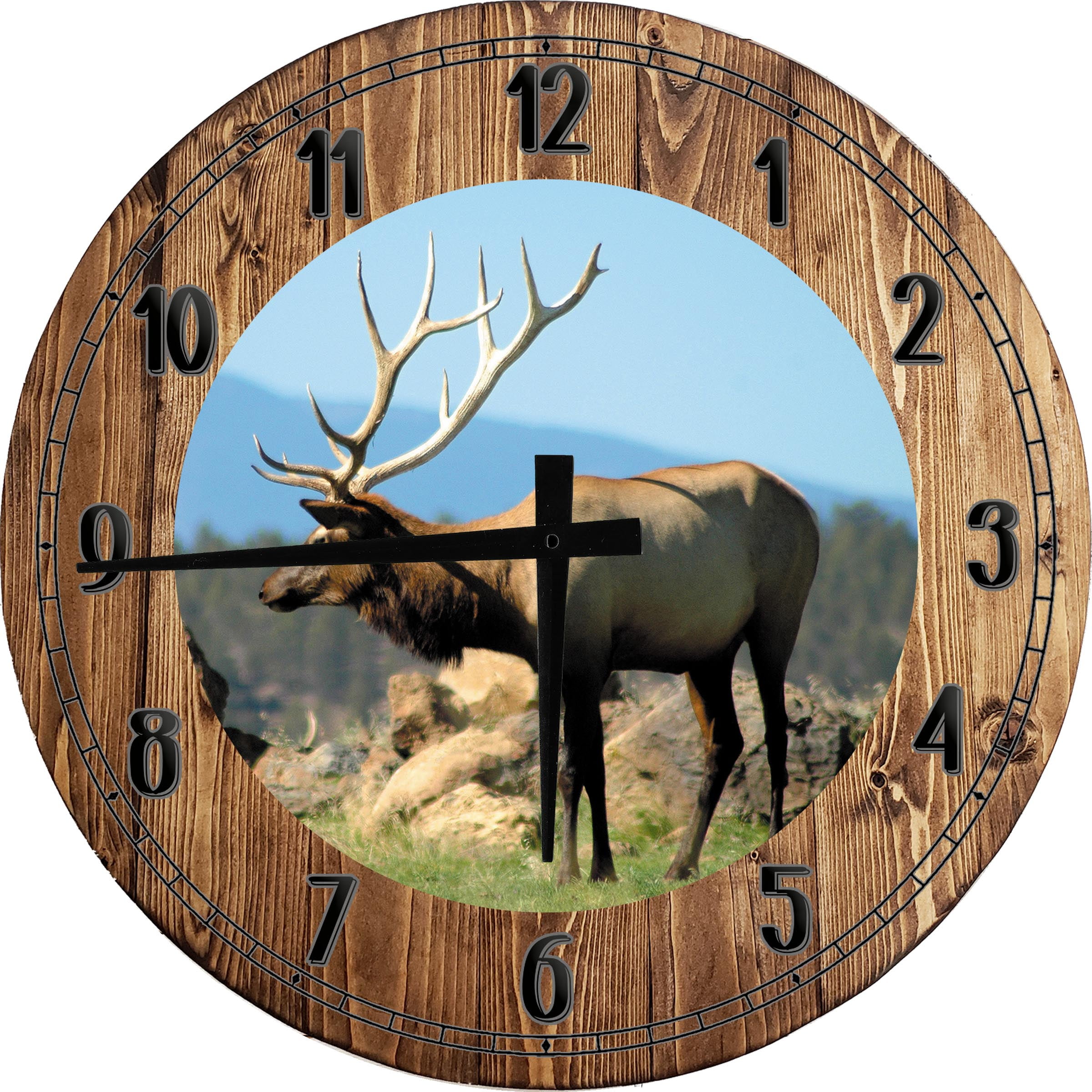 Large Wood Wall Clock 24 Inch Round Elk Wall Art Elk with Monster Rack ...