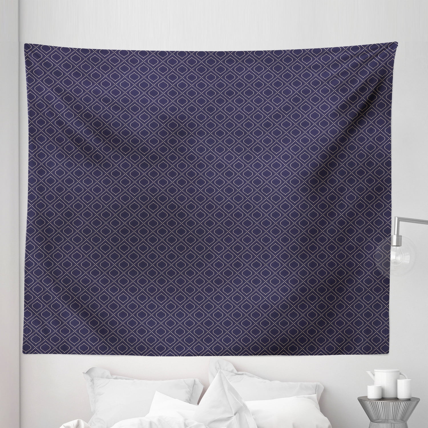 Navy Blue Tapestry, Geometric Dotted Pattern Design with Abstract Ogee ...