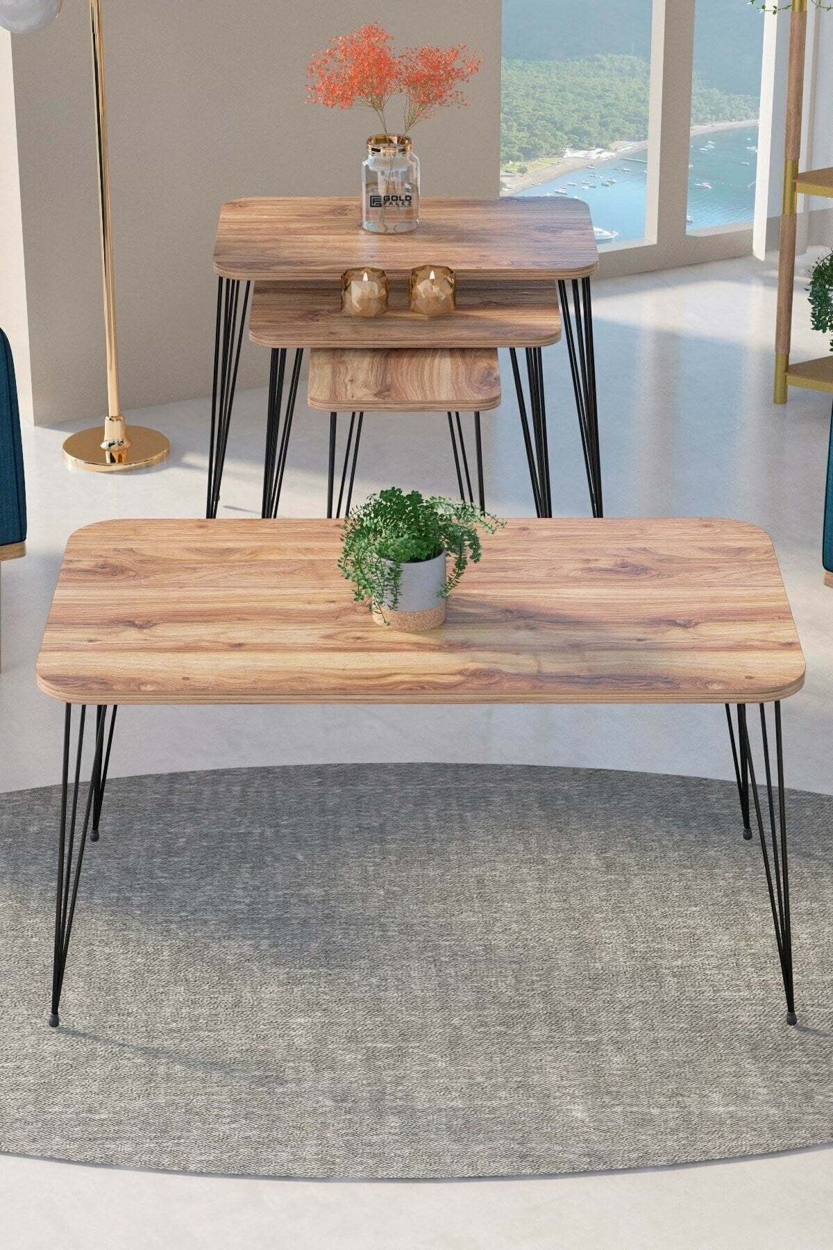 Walnut Coffee Table Set with 4 PCS,Rectangular Set With 3 Modern ...