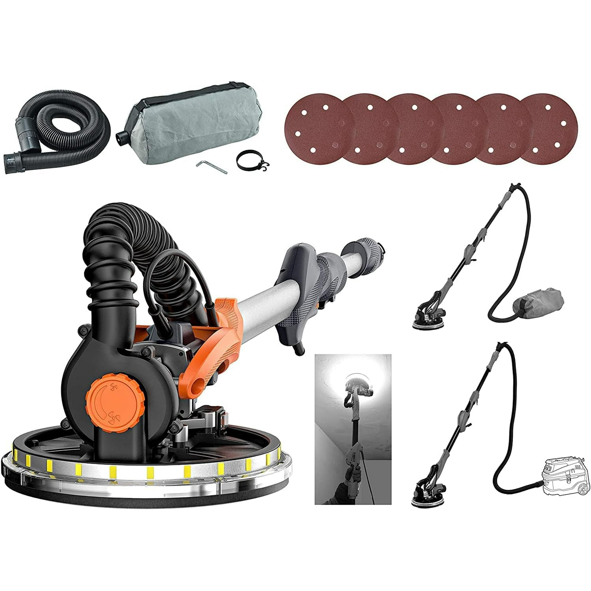 Maxxt Drywall Sander  Real Self-Vacuum System  Led Light  Telescopic Handle  Variable Speed  6.5a Motor  6pcs 9 Sanding Discs  Dust Bag.