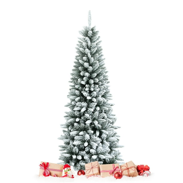 Topbuy 6.5FT Slim Snow-Flocked Christmas Tre Hinged Pencil Tree W/ 829 ...